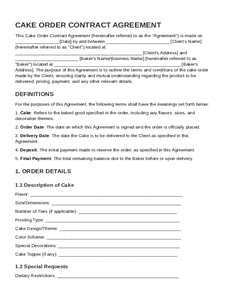 Cake Order Contract Template Form - Fill Online, Printable, Fillable ...