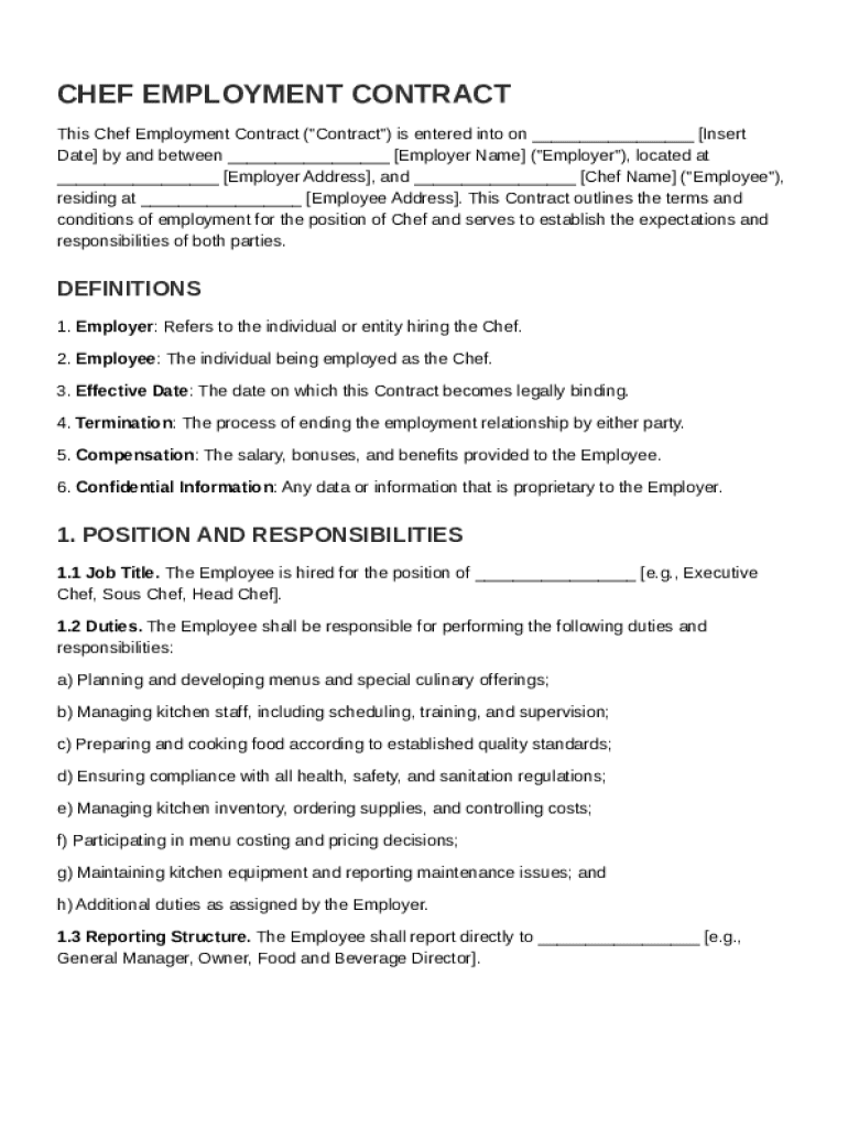 Chef Employment Contract Template Form - Fill Online, Printable ...