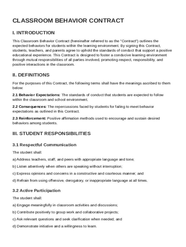 Classroom Behavior Contract Template Form - Fill Online, Printable ...
