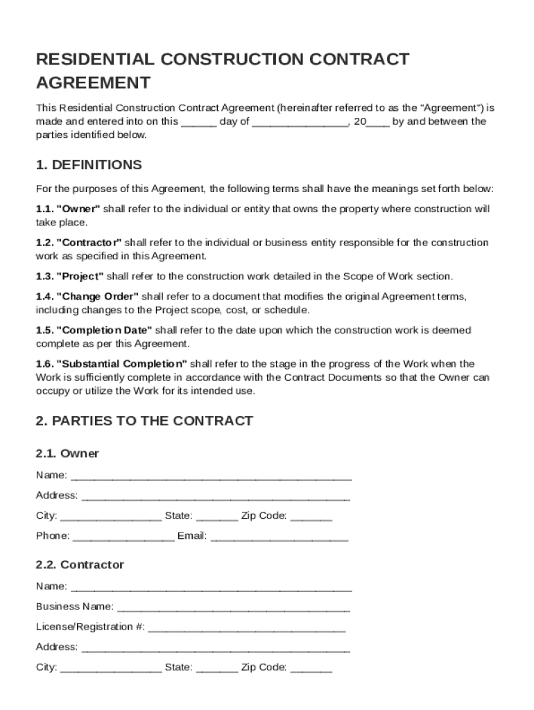 Fillable Online Construction Work Residential Construction Contract ...