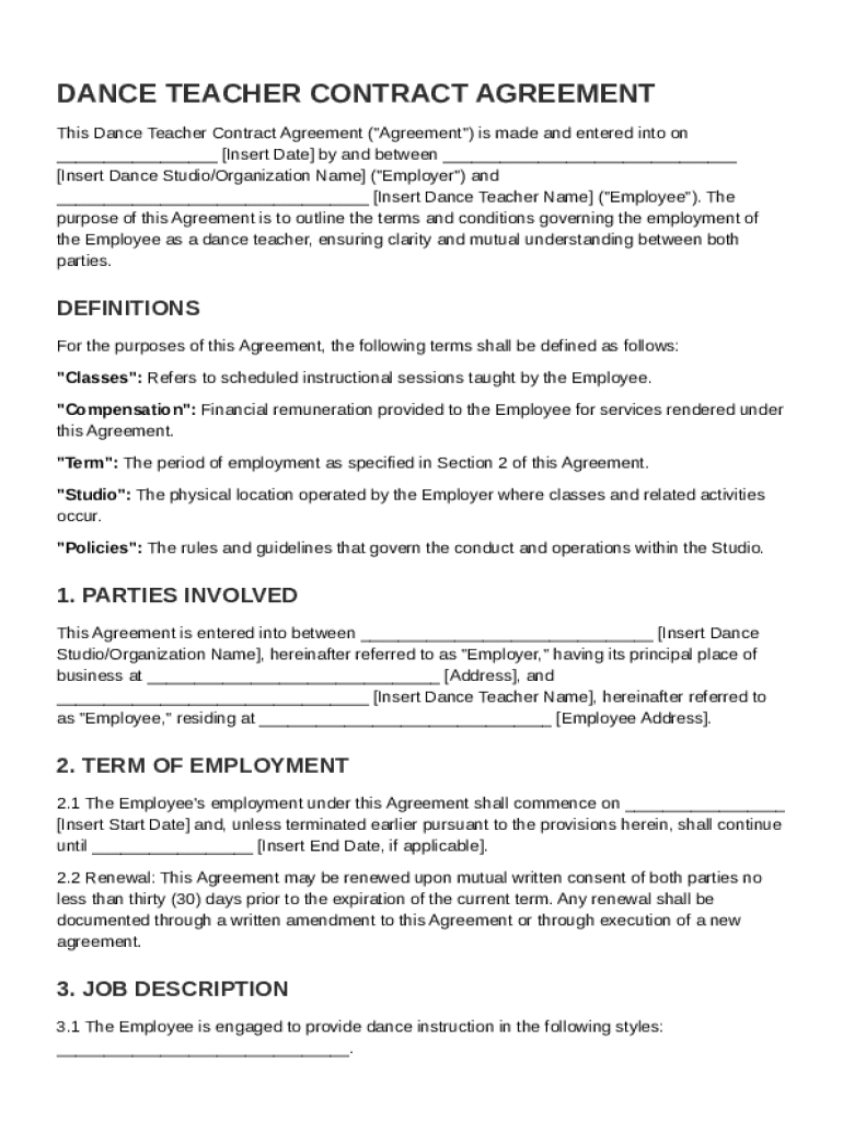 Dance Teacher Contract Template Form - Fill Online, Printable, Fillable ...