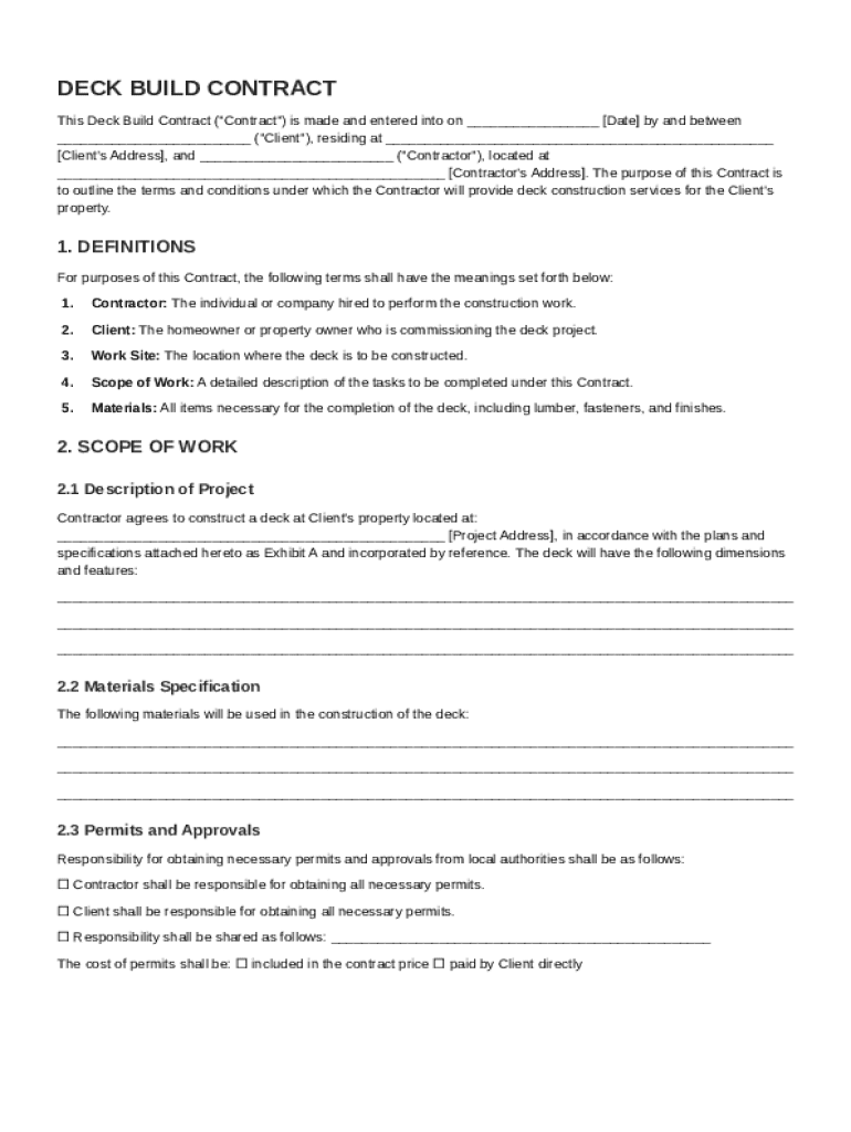 Deck Build Contract Template Form - Fill Online, Printable, Fillable ...