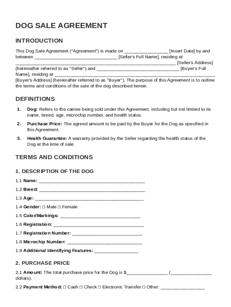Dog Sell Contract Template Form - Fill Online, Printable, Fillable ...