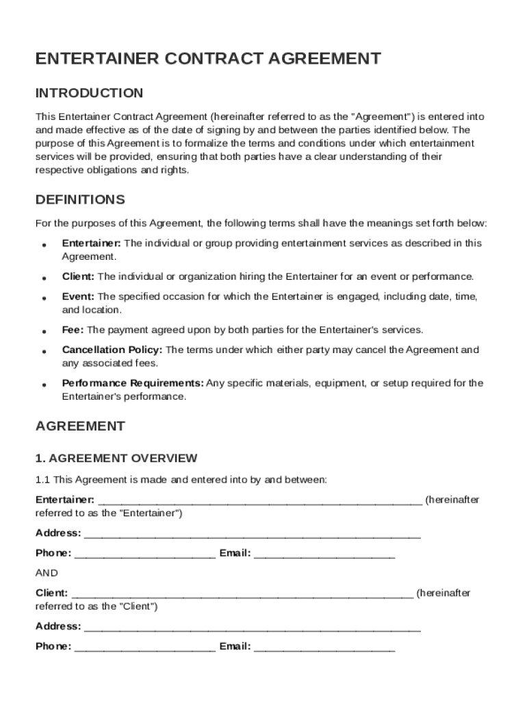 Entertainer Contract Template Form - Fill Online, Printable, Fillable, Blank - pdfFiller