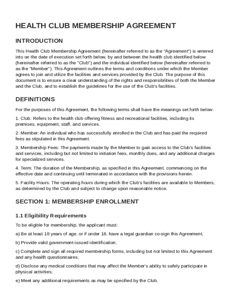 Health Club Contract Template Form - Fill Online, Printable, Fillable ...