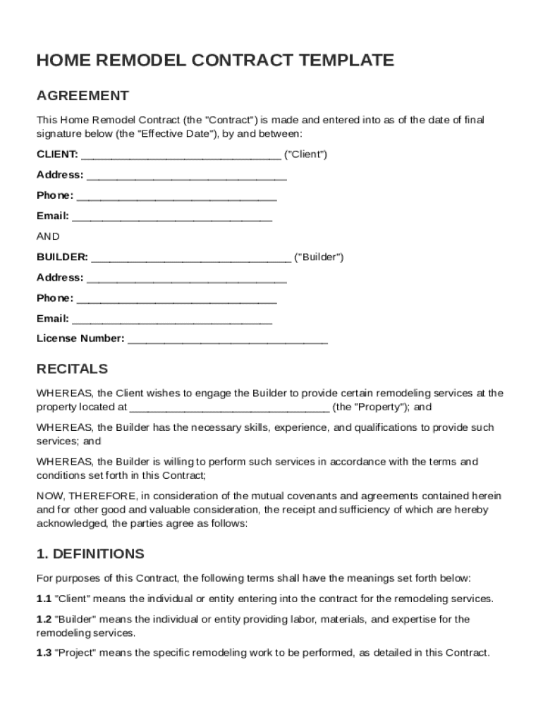 Home Remodel Contract Template Form - Fill Online, Printable, Fillable ...