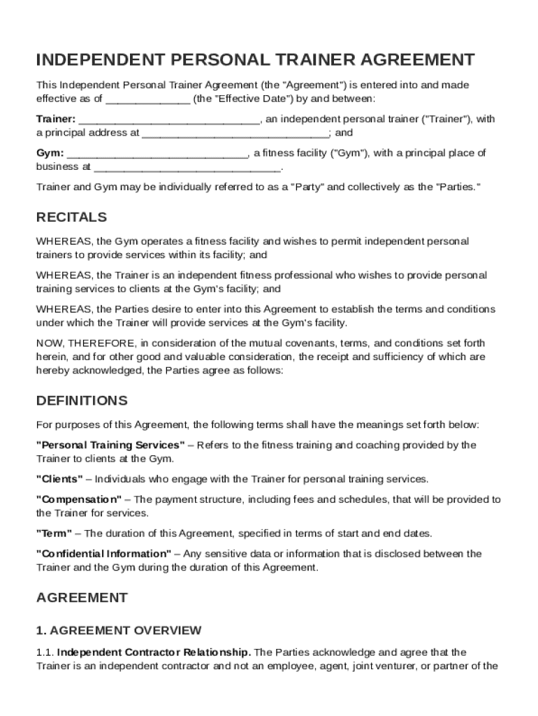 Independent Personal Trainer With Gym Contract Template: Fill out ...