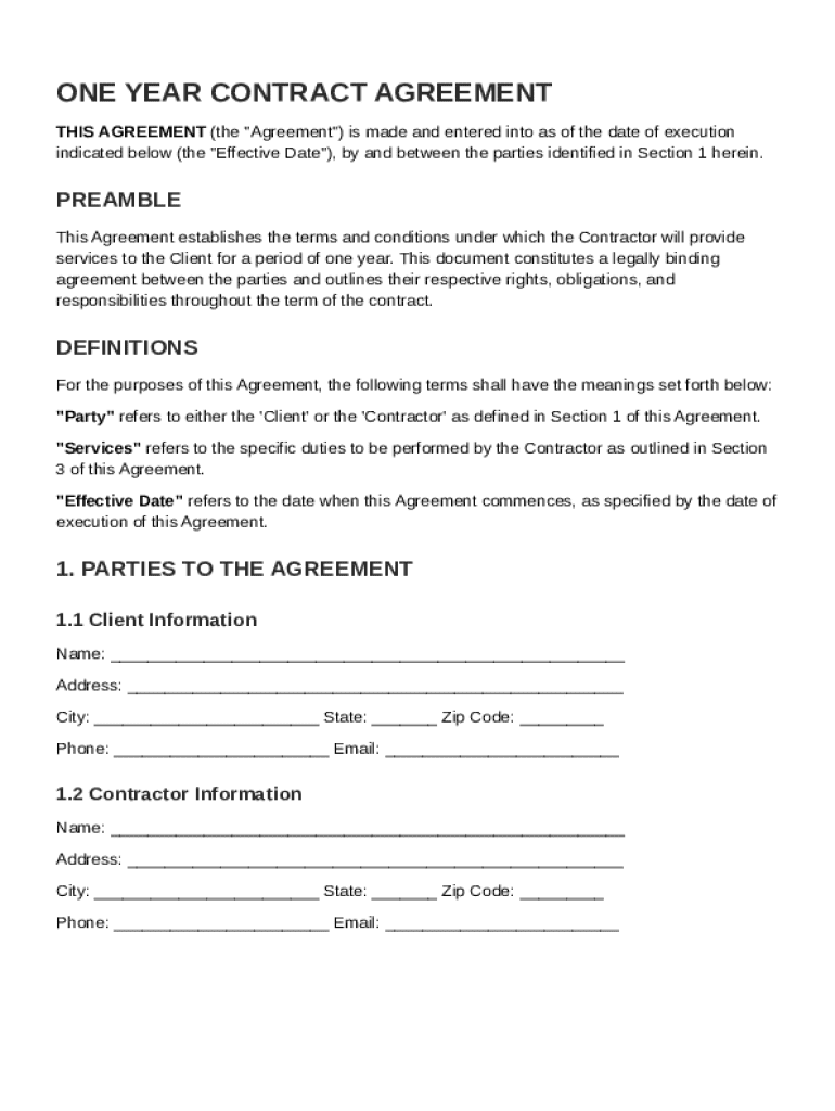 One Year Contract Template Form - Fill Online, Printable, Fillable ...