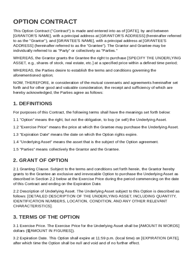Option Contract Template Form - Fill Online, Printable, Fillable, Blank ...