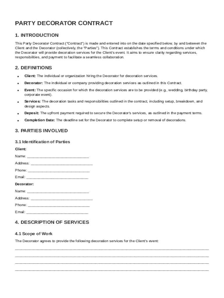 Party Decorator Contract Template Form - Fill Online, Printable ...