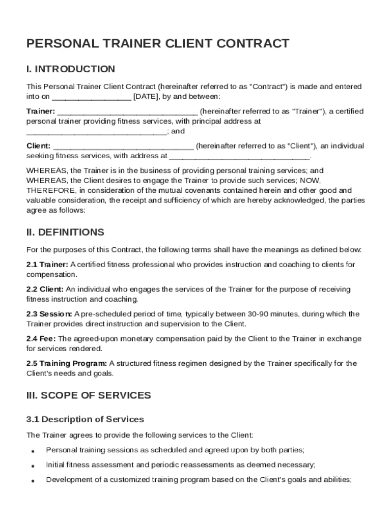 Personal Trainer Client Contract Template Form - Fill Online, Printable, Fillable, Blank - pdfFiller