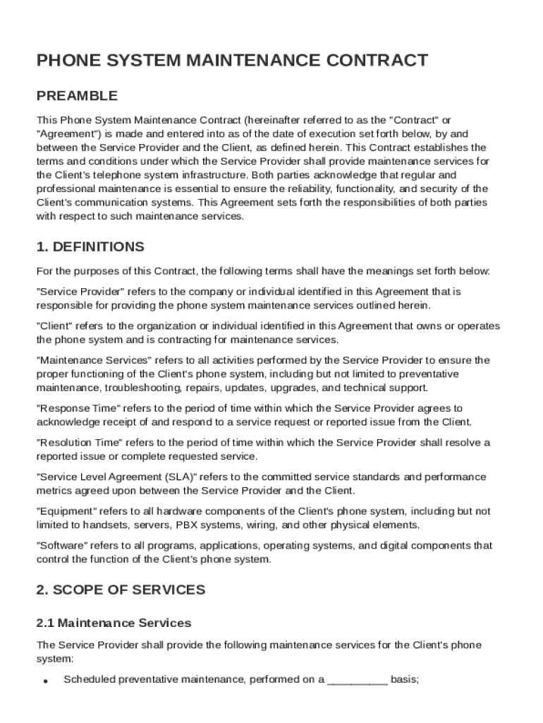 Phone System Maintenance Contract Template: Fill out & sign online | DocHub