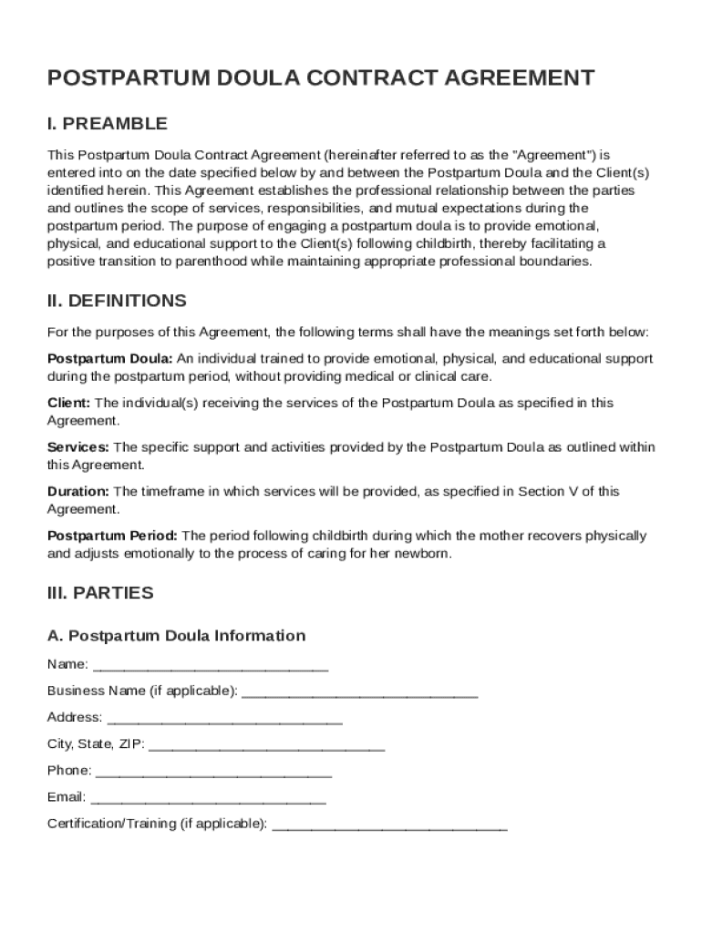 Postpartum Doula Contract Template Form - Fill Online, Printable, Fillable, Blank - pdfFiller