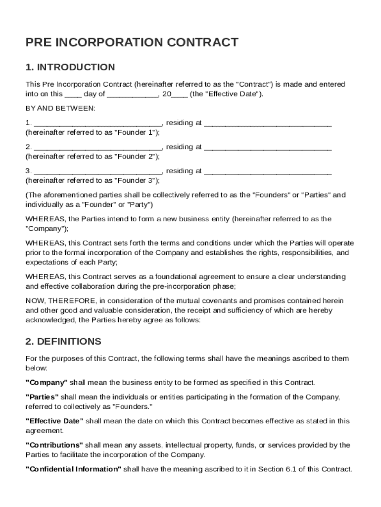 Pre Incorporation Contract Template: Fill out & sign online | DocHub