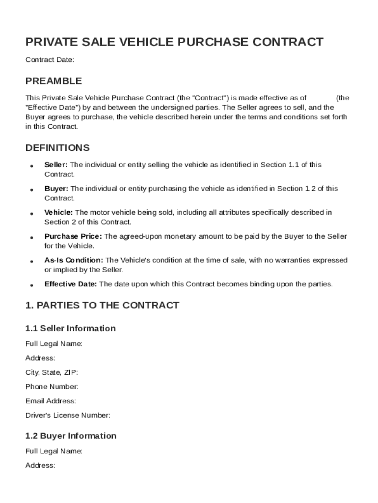 Private Sale Vehicle Purchase Contract Template: Fill out & sign online ...