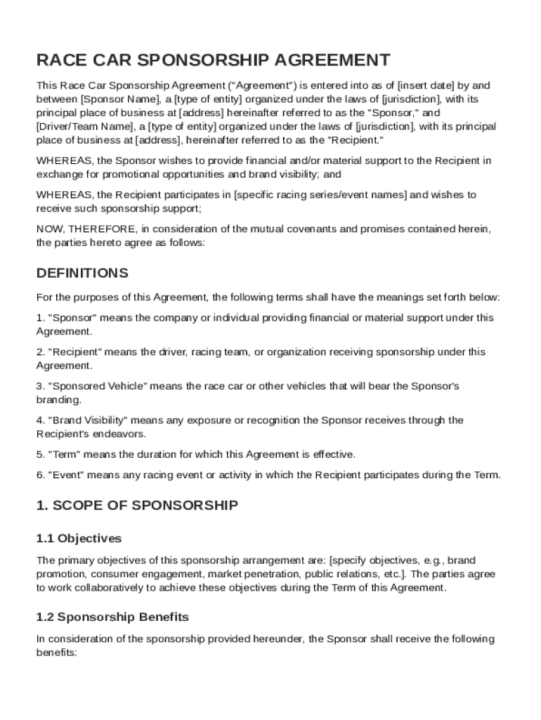 Race Car Sponsorship Contract Template Form - Fill Online, Printable ...