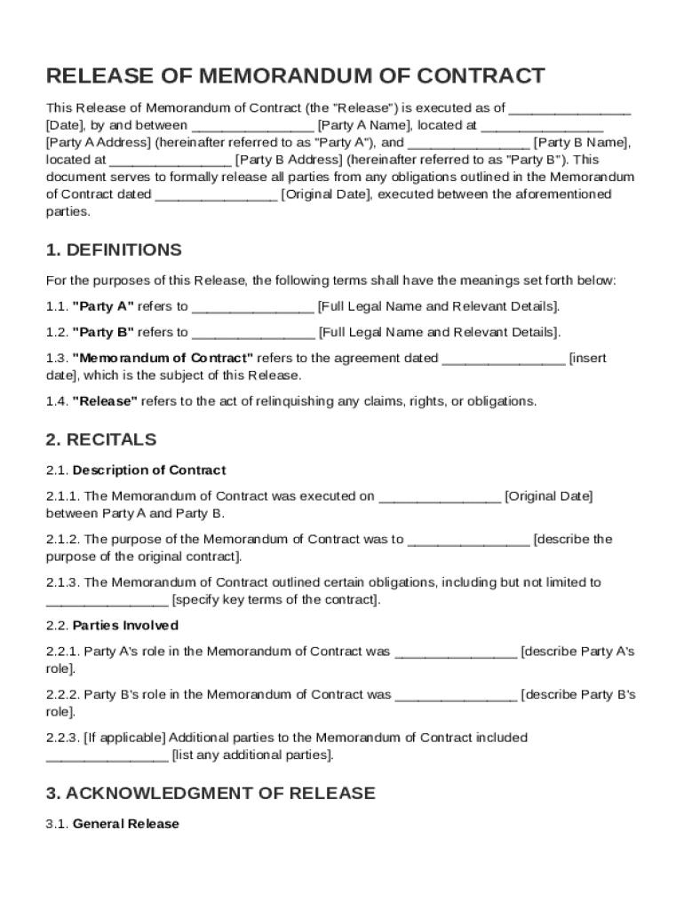Release Of Memorandum Of Contract Template Form - Fill Online ...