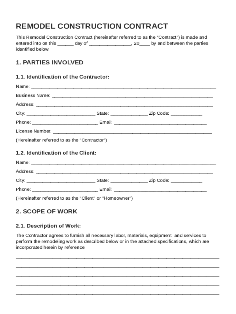 Remodel Construction Contract Template: Fill out & sign online | DocHub