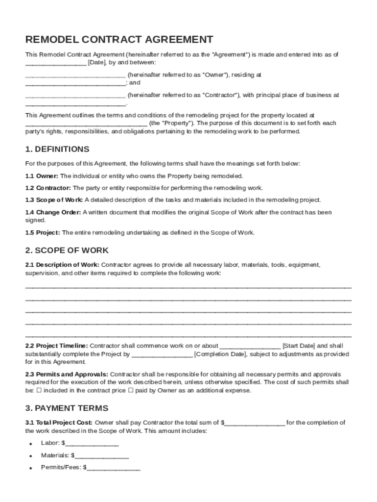 Fillable Online Remodel Contract Template Fax Email Print - pdfFiller