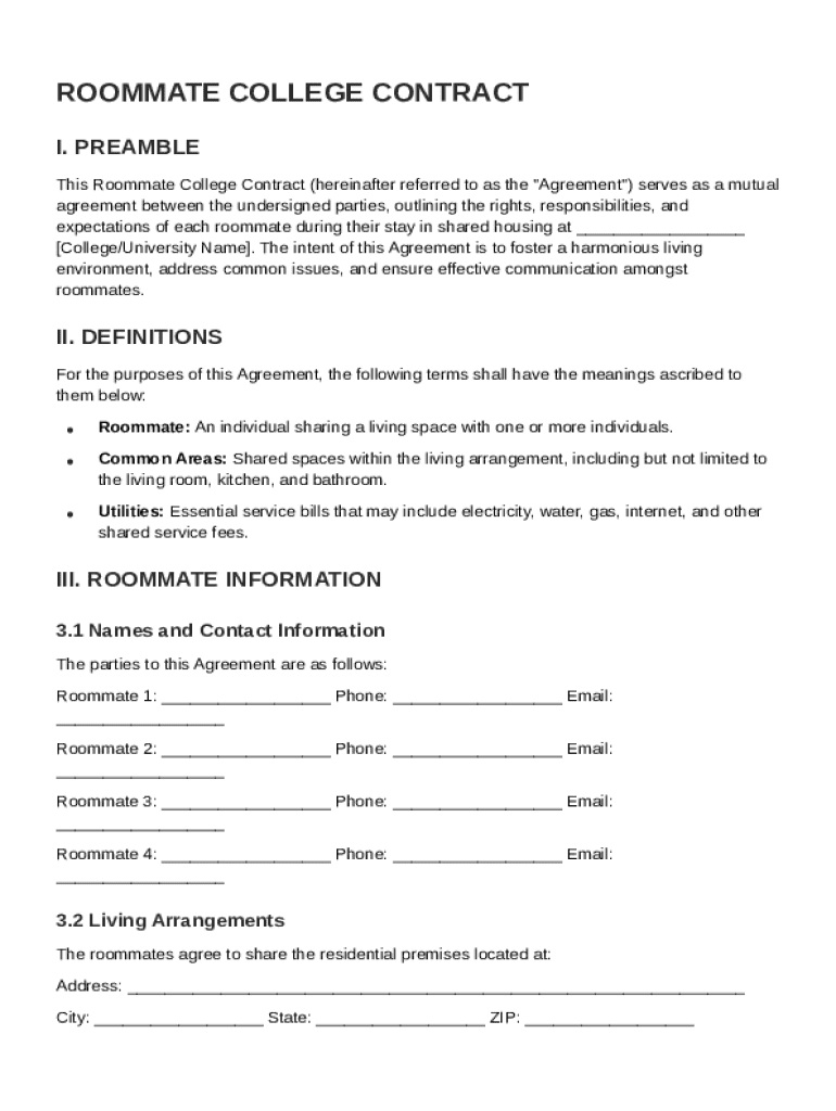 Roommate College Contract Template: Fill out & sign online | DocHub