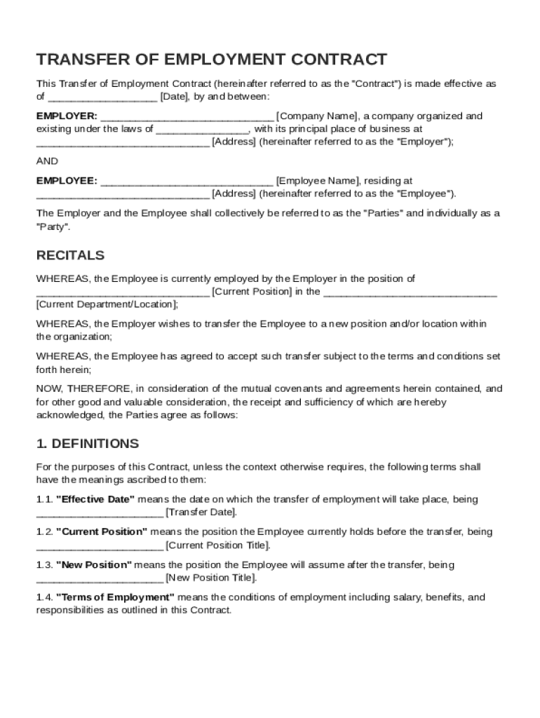Transfer Of Employment Contract Template Form - Fill Online, Printable ...