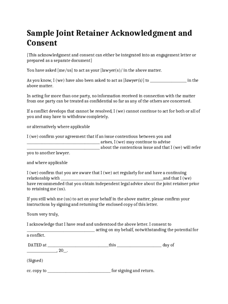 Sample Joint Retainer Acknowledgment and Consent Doc Template | pdfFiller