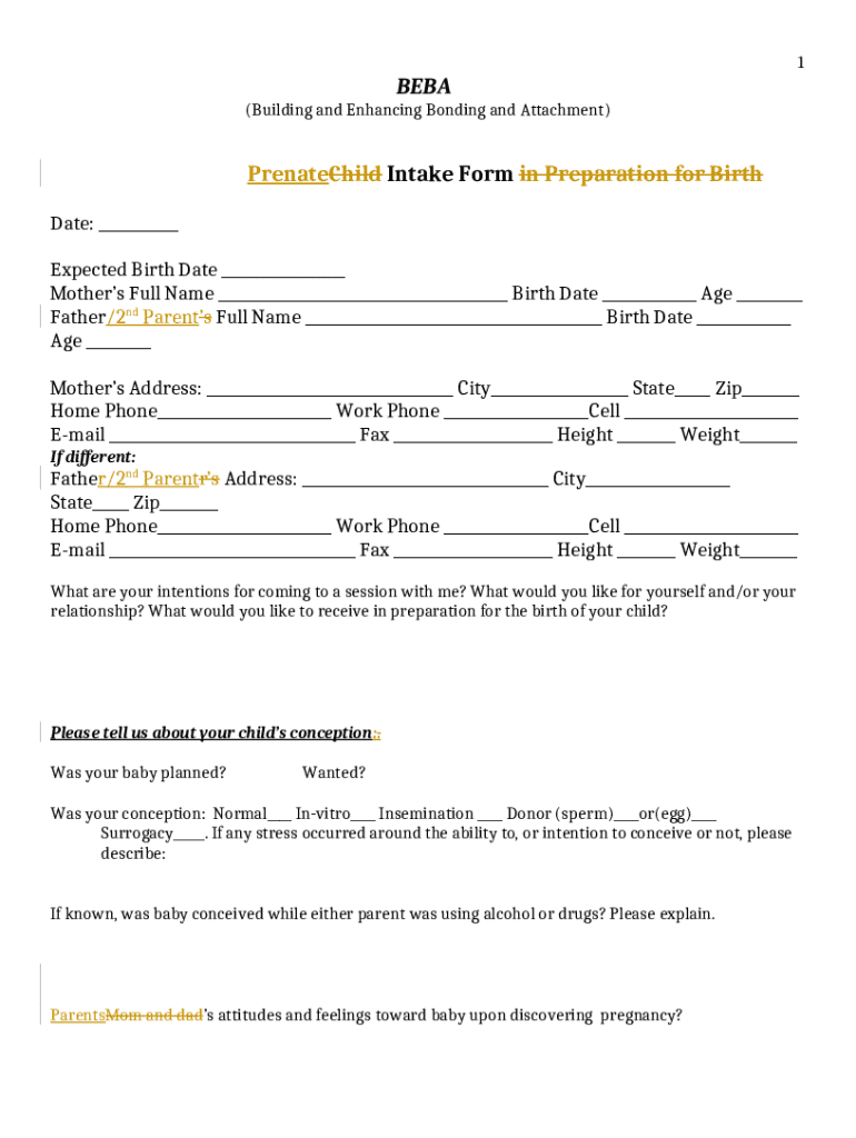 Prenatechild Intake Doc Template | pdfFiller