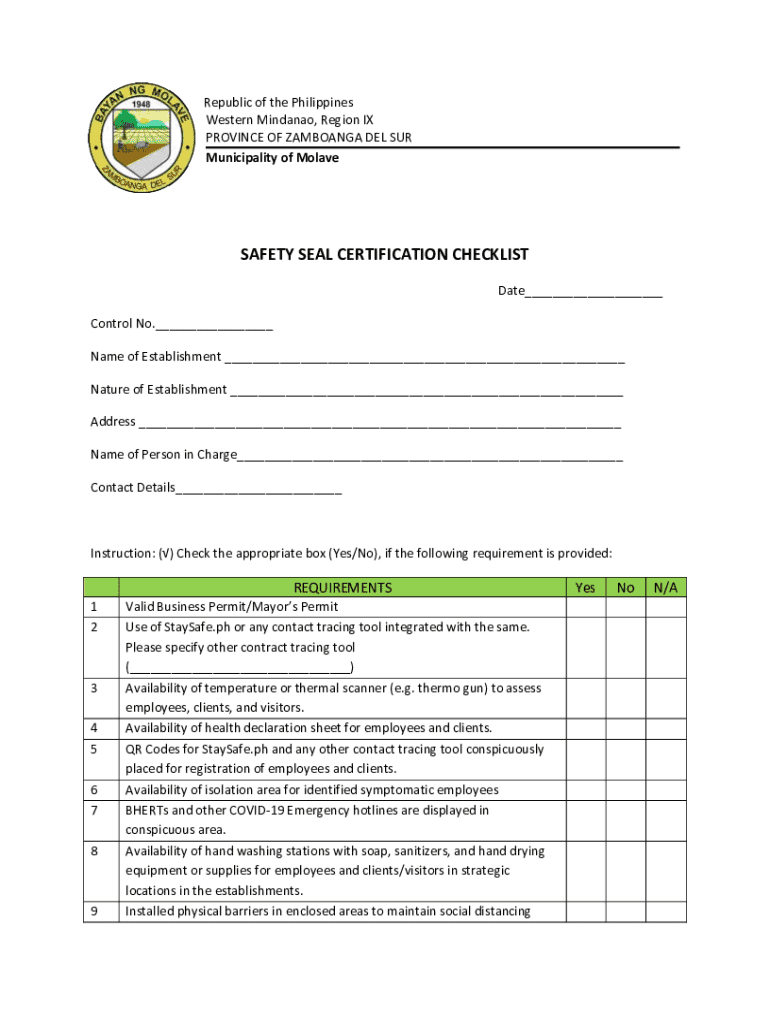 Fillable Online Safety Seal Certification Checklist for Establishments ...