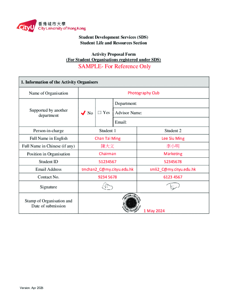 Fillable Online Activity Proposal Form for Student Organisations Registered Under Sds Fax Email ...