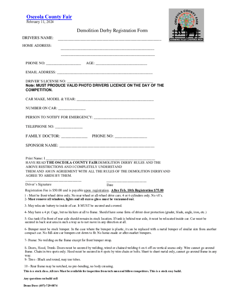Fillable Online Osceola County Fair Demolition Derby Registration Fax ...
