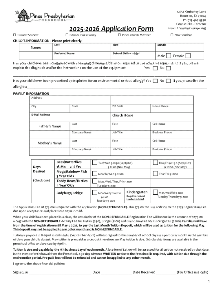 Fillable Online Pines Preschool Application Fax Email Print - pdfFiller
