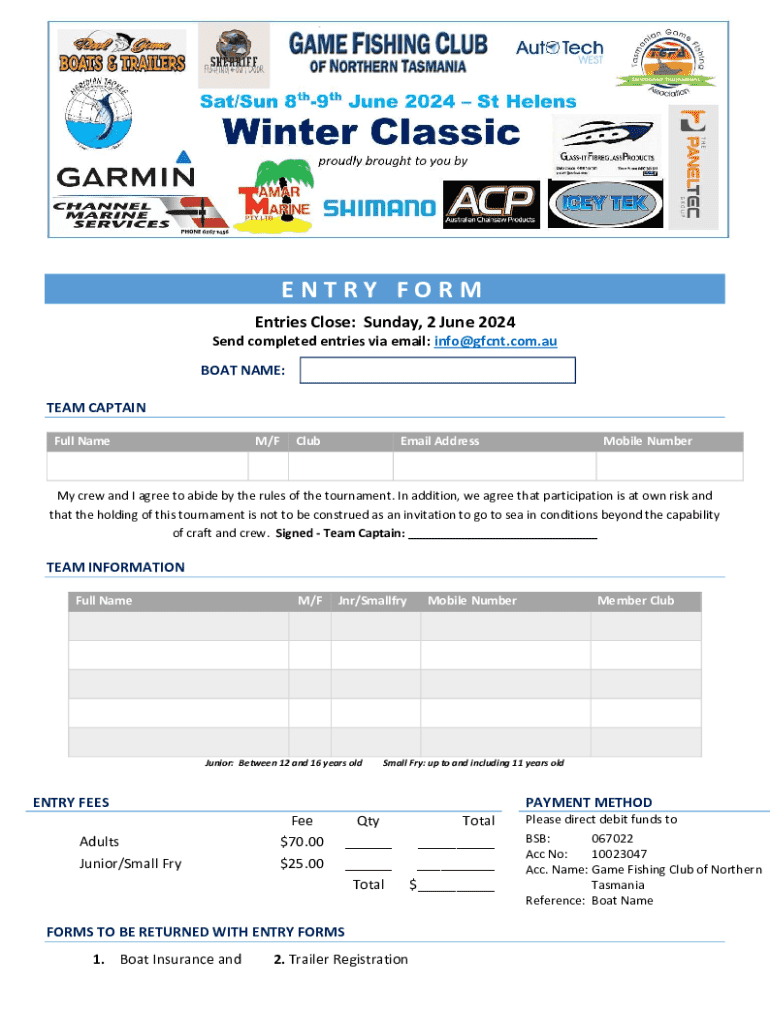 Fillable Online Tournament Entry Form for Game Fishing Club of Northern Tasmania Fax Email Print ...