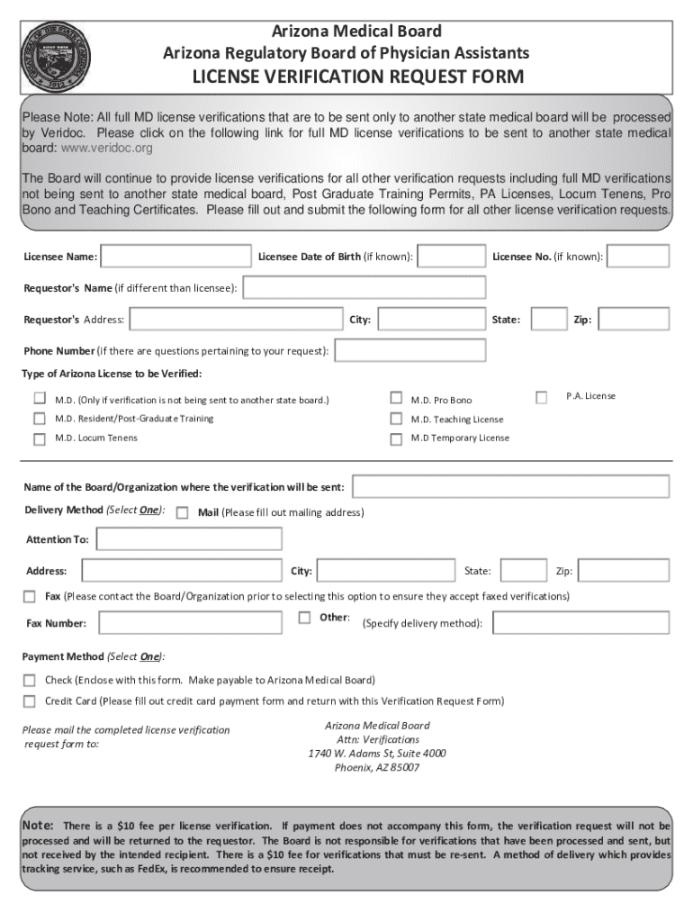 Fillable Online Arizona Medical Board License Verification Request Fax ...