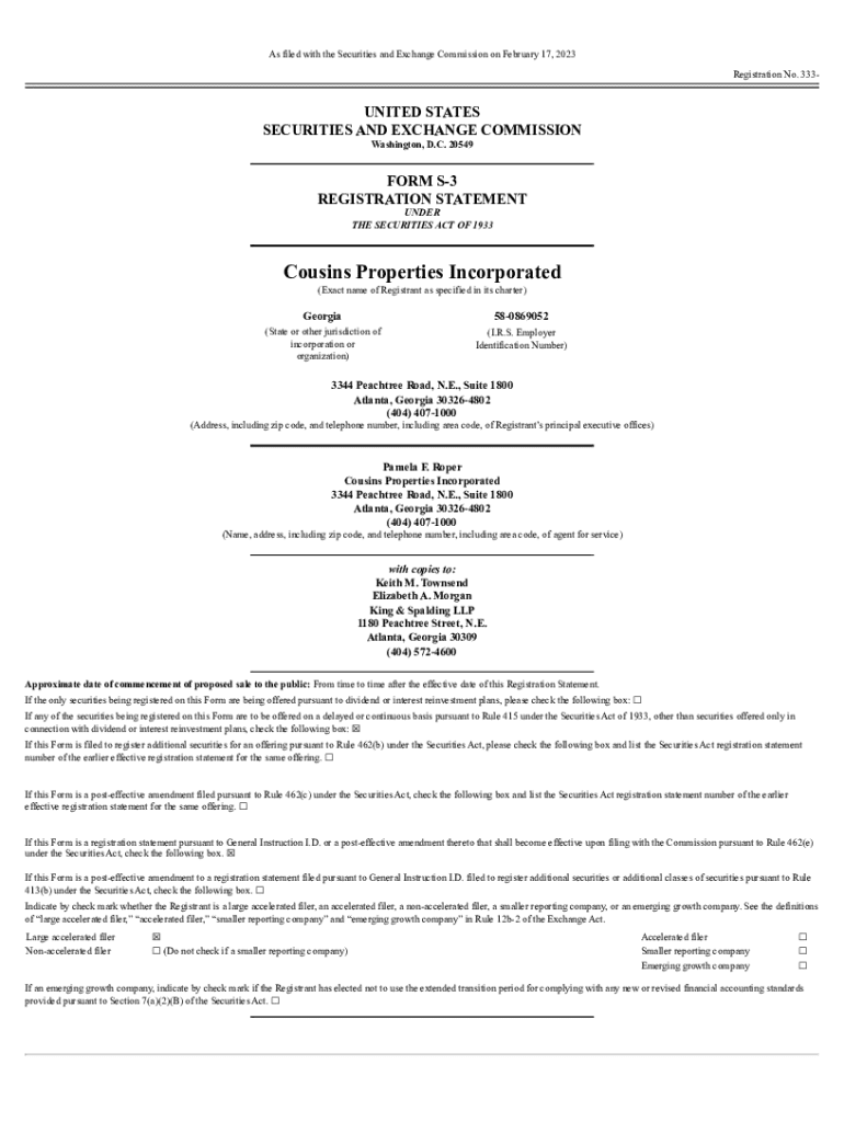 Fillable Online Cousins Properties Incorporated Registration Statement Fax Email Print - pdfFiller