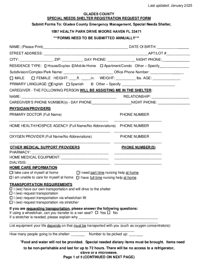Fillable Online Glades County Special Needs Shelter Registration Fax Email Print - pdfFiller