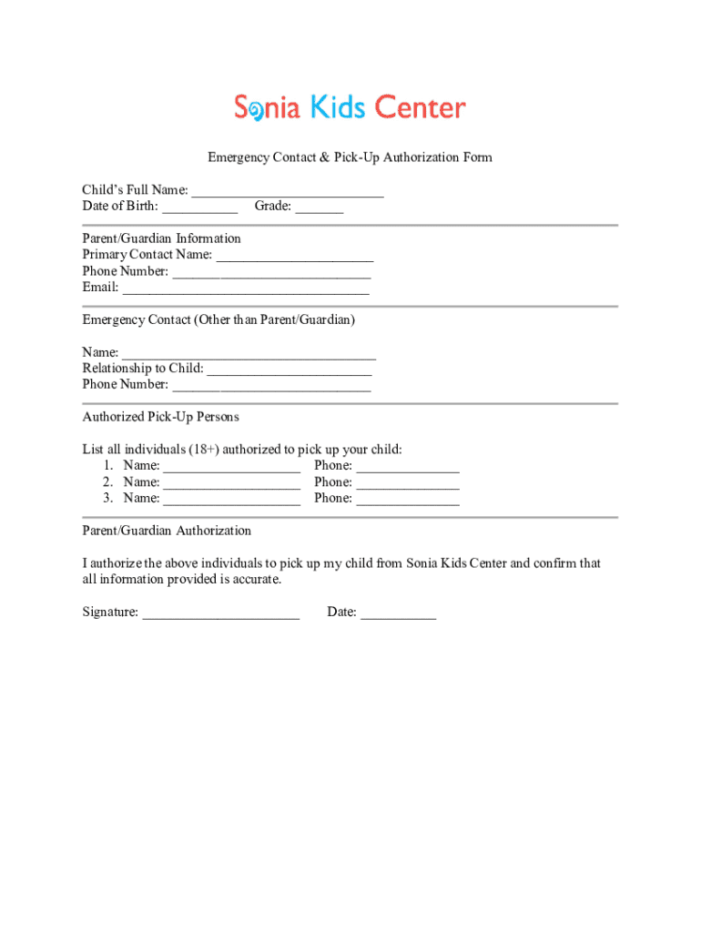 Fillable Online Emergency Contact & Pick-up Authorization Fax Email ...