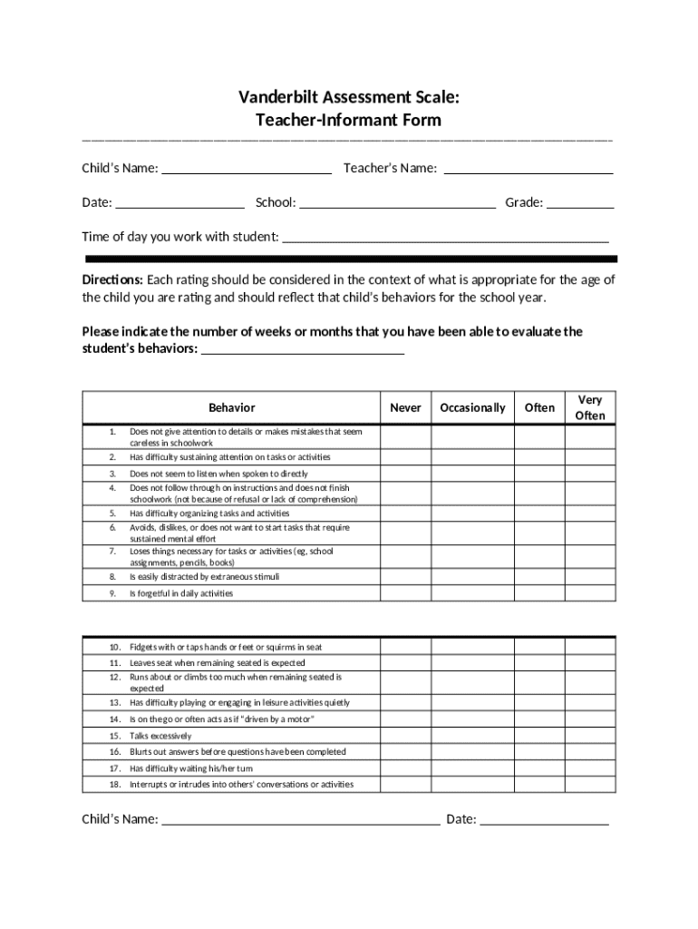 Vanderbilt Assessment Scale: Teacher-inant Doc Template | pdfFiller