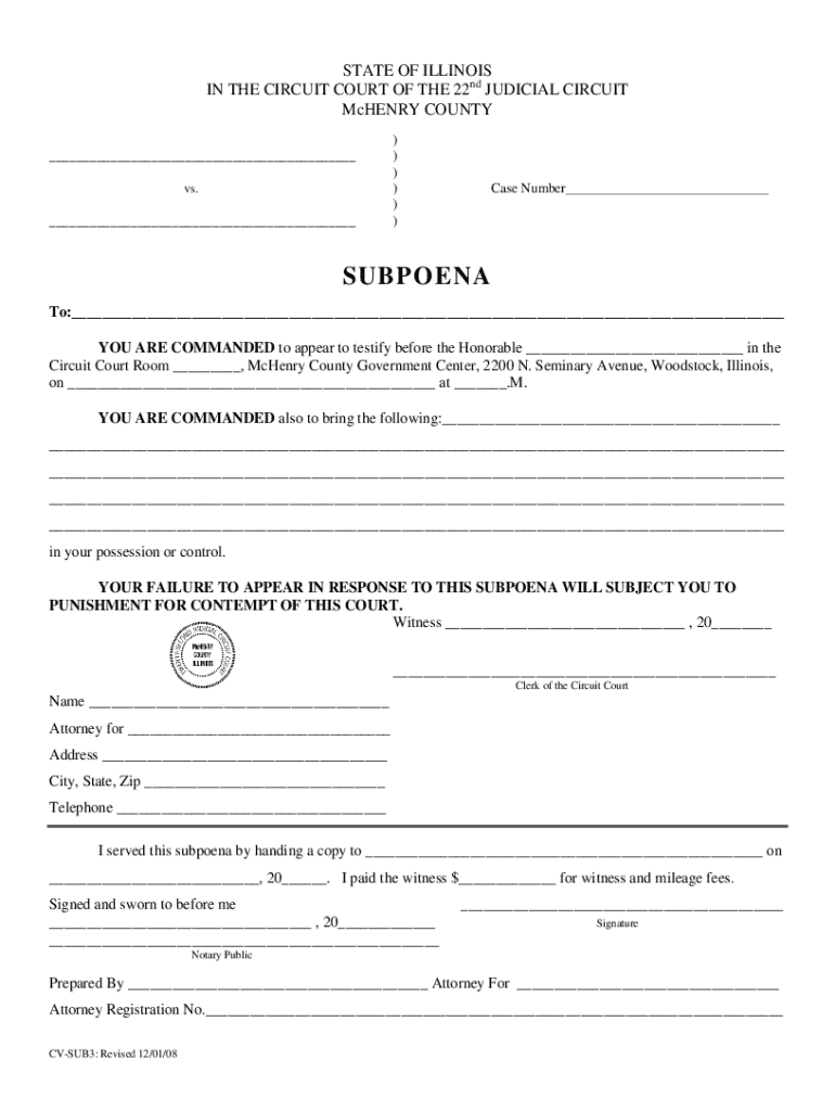 Fillable Online Subpoena for Court Appearance Fax Email Print - pdfFiller