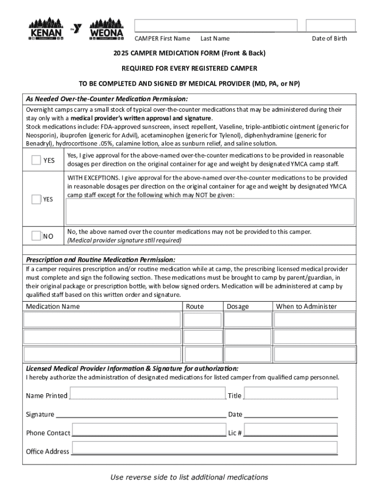 Fillable Online Camper Medication Form (front & Back) Fax Email Print ...