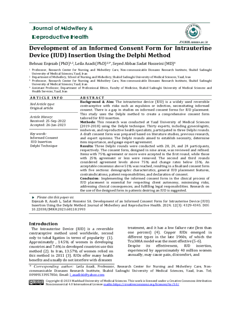 Fillable Online Development of an Informed Consent Form for Intrauterine Device (iud) Insertion ...