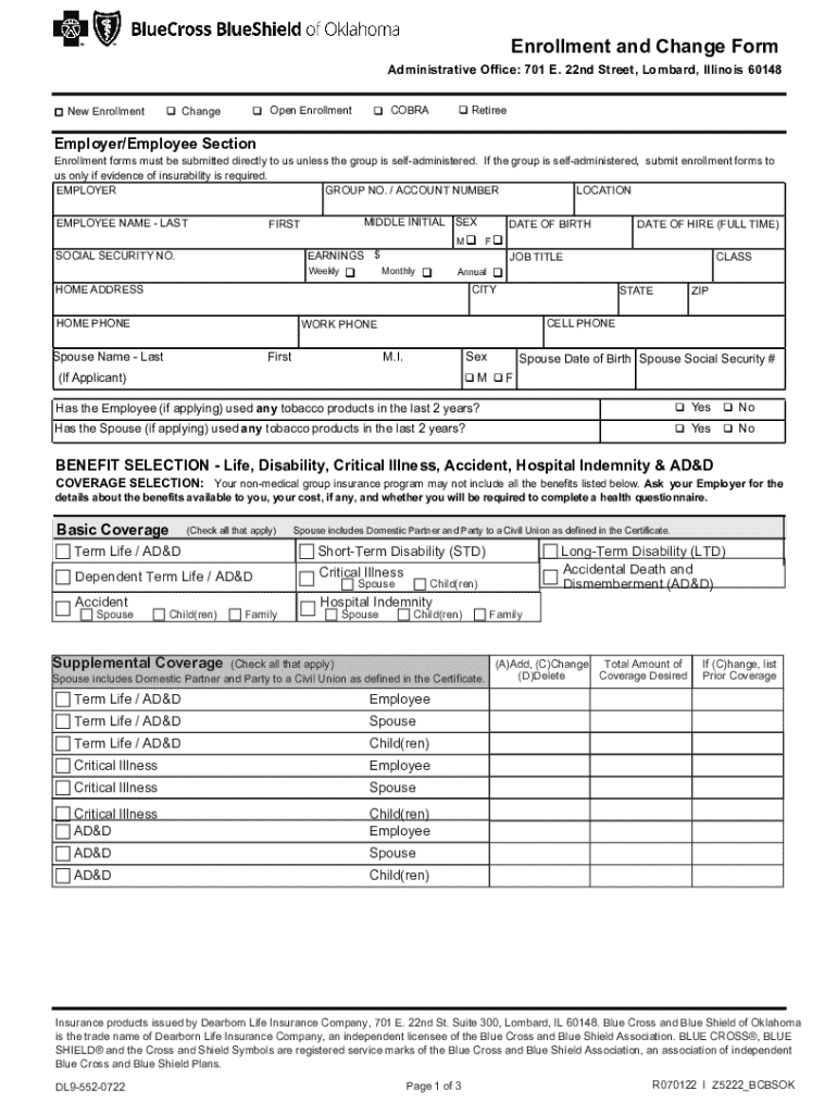 Fillable Online Enrollment and Change Form Fax Email Print - pdfFiller