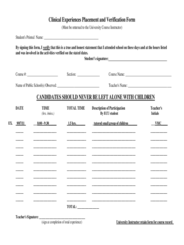Fillable Online Clinical Experiences Placement and Verification Form ...