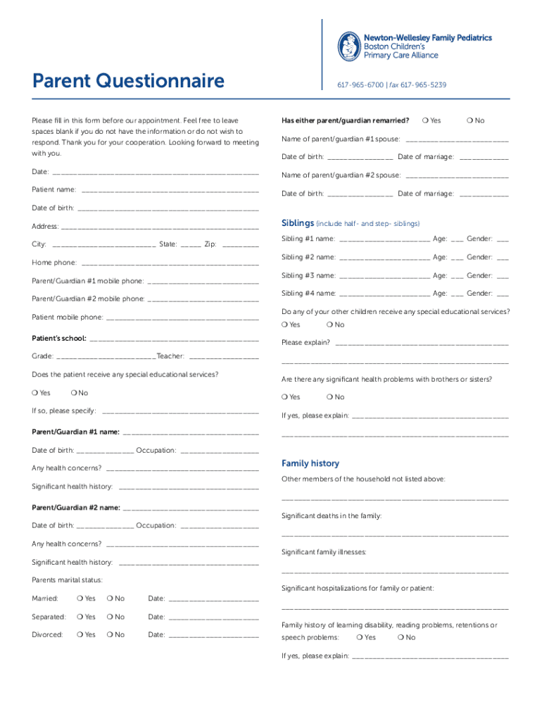 Fillable Online Parent Questionnaire Fax Email Print - pdfFiller