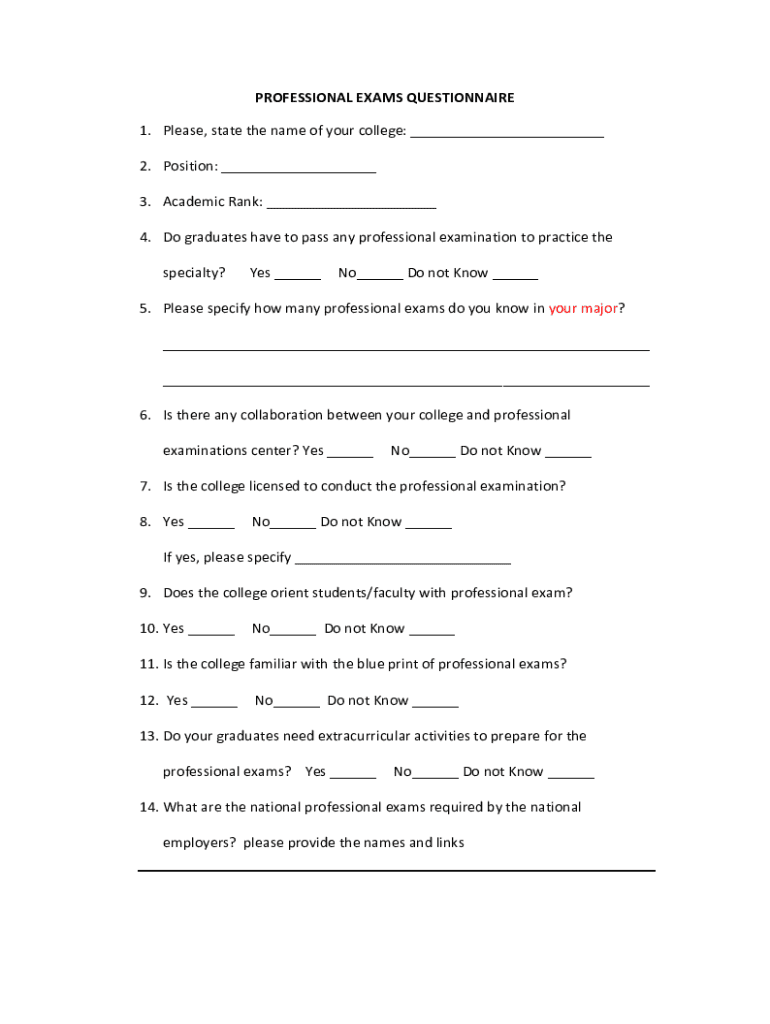 Fillable Online Professional Exams Questionnaire Fax Email Print ...