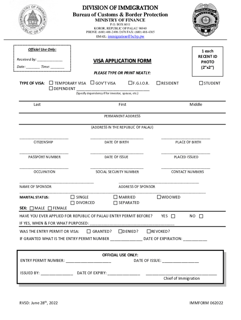 Fillable Online Visa Application for the Republic of Palau Fax Email Print - pdfFiller
