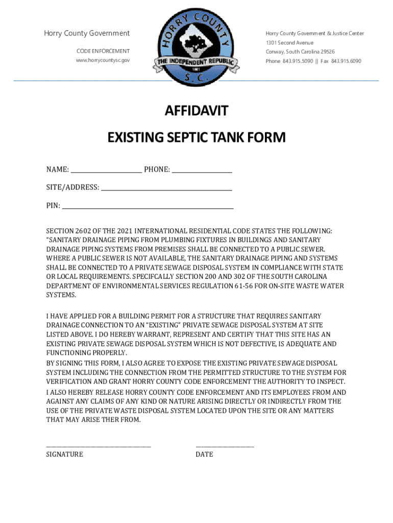 Fillable Online Affidavit for Existing Septic Tank Fax Email Print - pdfFiller