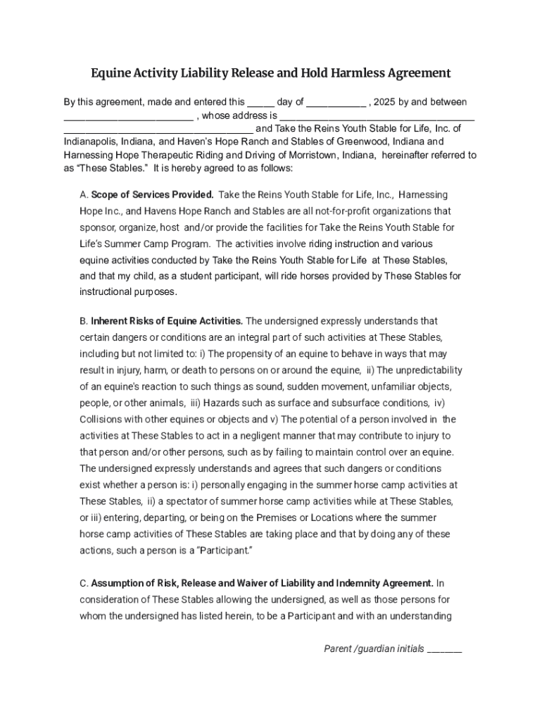 Fillable Online Equine Activity Liability Release and Hold Harmless ...