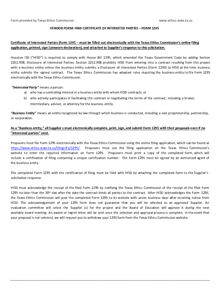 Fillable Online Hisd Certificate of Interested Parties (form 1295) Fax Email Print - pdfFiller