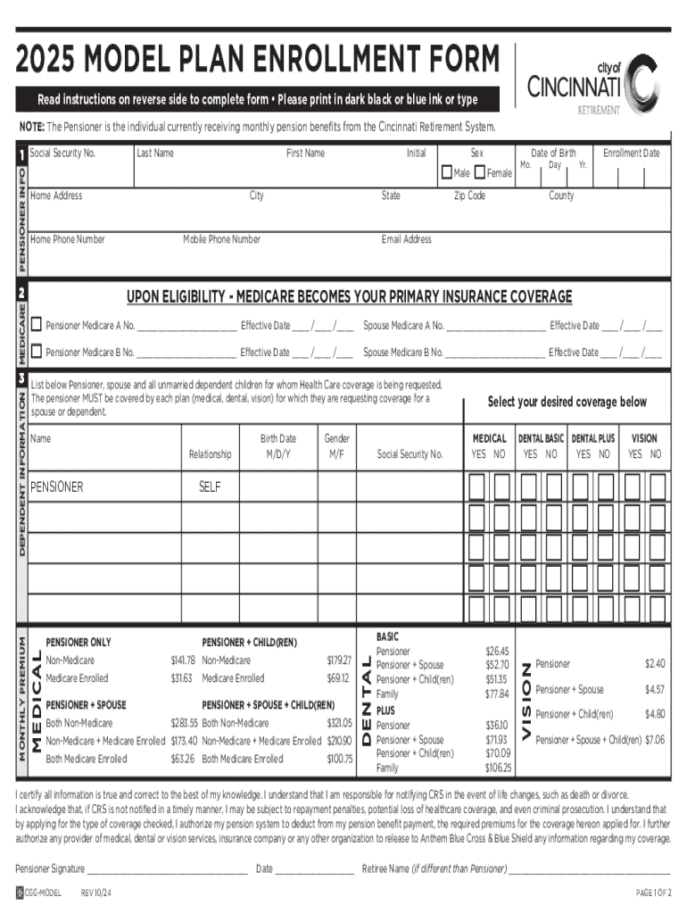 Fillable Online Enrollment Form for Cincinnati Retirement System Health ...