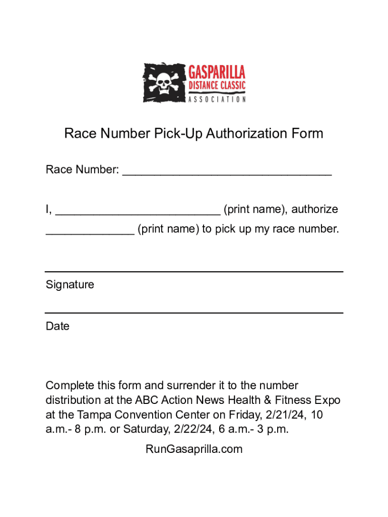Fillable Online Race Number Pick-up Authorization Form Fax Email Print ...